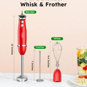 Sangcon Immersion Blender Handheld, 3-in-1 Hand Blender Electric, 400W Handheld Blender, Stainless Steel Blade Stick Blender with Whisk, Milk Frother Attachments - Red