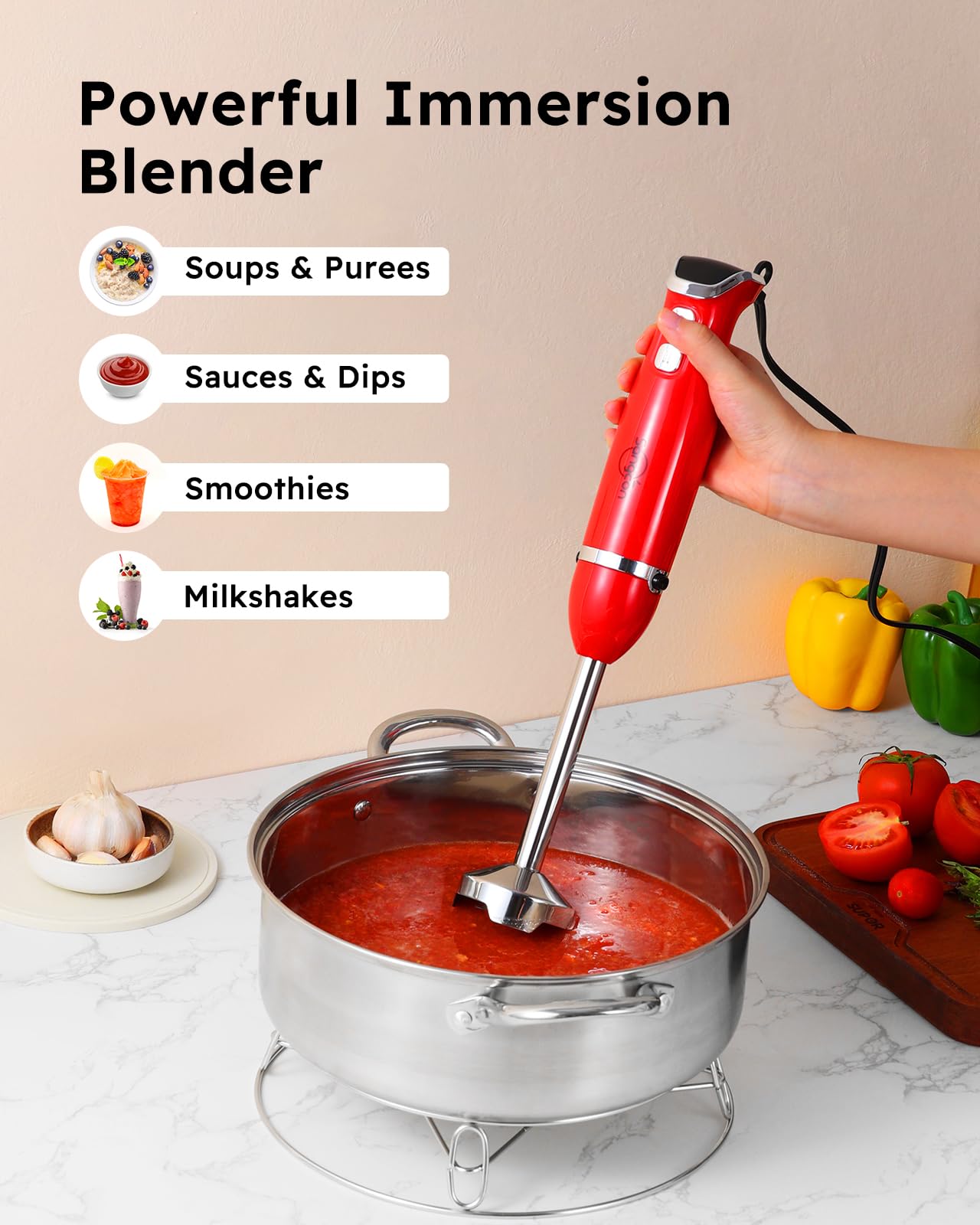 Sangcon Immersion Blender Handheld, 3-in-1 Hand Blender Electric, 400W Handheld Blender, Stainless Steel Blade Stick Blender with Whisk, Milk Frother Attachments - Red