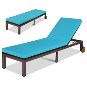 gorelax outdoor chaise lounge chair, rattan sun lounger recliner with padded cushion, 5-position adjustable pool lounge chairs with wheels for patio, deck, backyard, garden (1, turquoise)