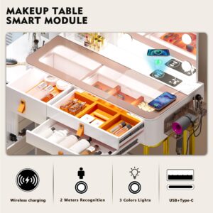 Gurexl Vanity Desk with Wireless Charging Station, Dressing Table with Lighted Mirror & 3 Lighting Modes Adjustable Brightness, Glass Top Makeup Vanity Table Set with 6 Drawers & Stool