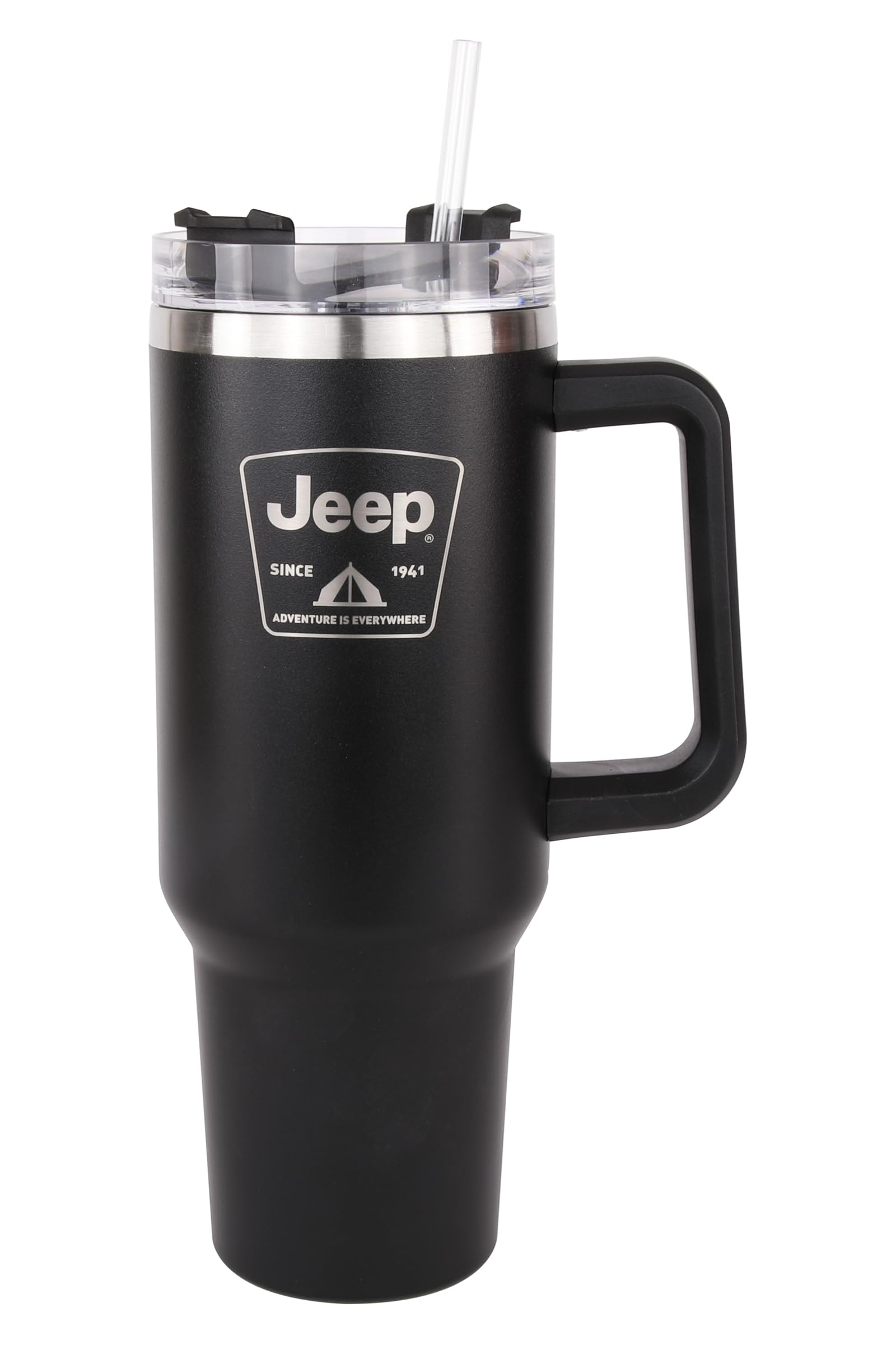 Jeep Adventure is Everywhere Since 1941 Tent Badge Logo 40 oz Insulated Travel Mug Tumbler with Handle | Double Wall Vacuum Sealed Stainless Steel Cup w/Straw and Lid (Black)