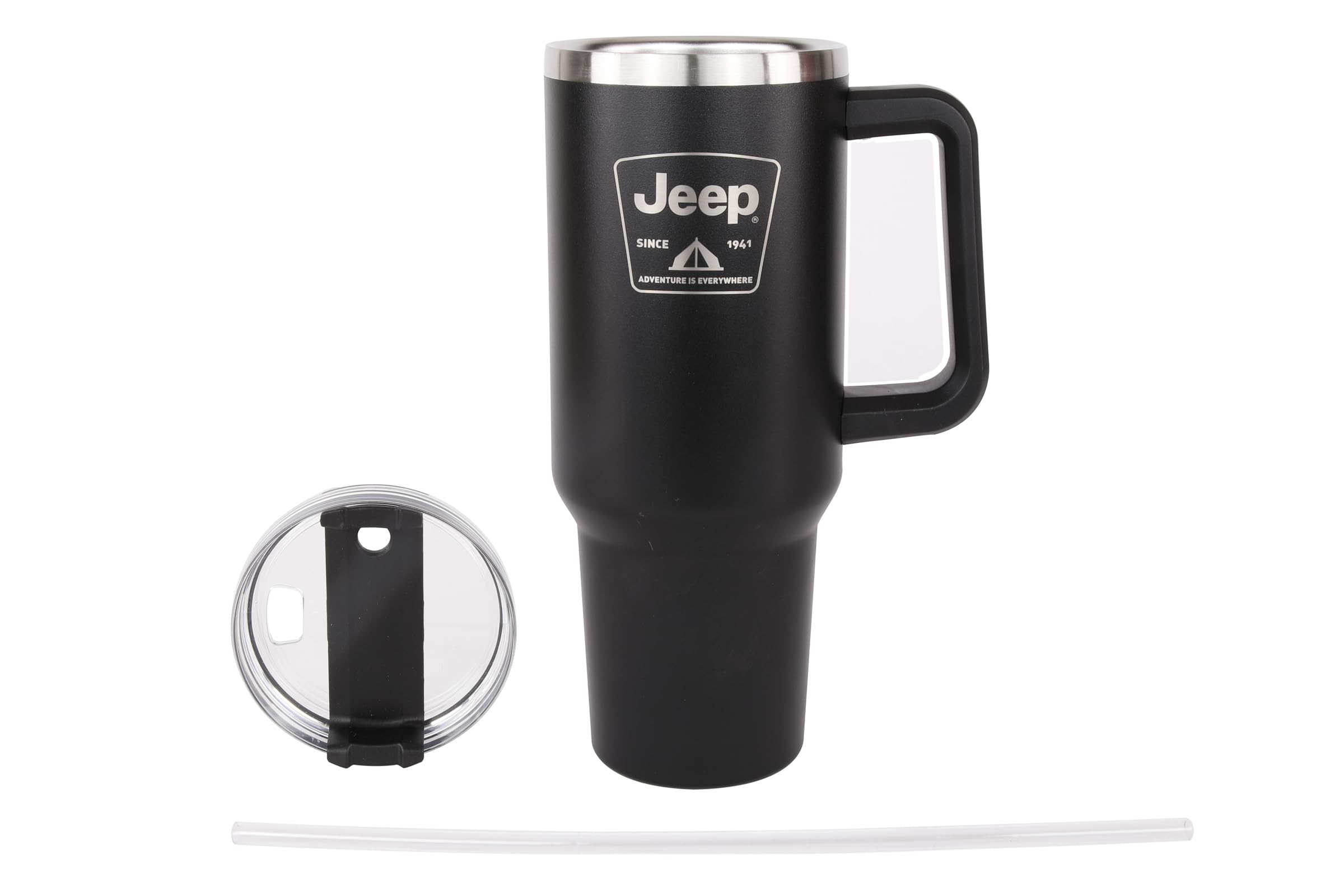 Jeep Adventure is Everywhere Since 1941 Tent Badge Logo 40 oz Insulated Travel Mug Tumbler with Handle | Double Wall Vacuum Sealed Stainless Steel Cup w/Straw and Lid (Black)