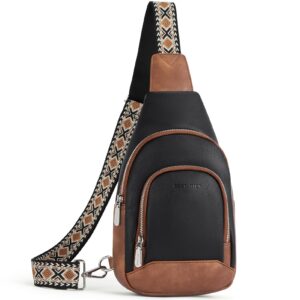 bostanten sling bag for women crossbody purse cross body bag leather chest bag with removable guitar strap, black and brown