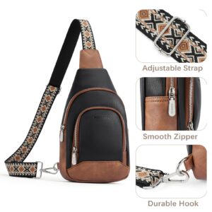 BOSTANTEN Sling Bag for Women Crossbody Purse Cross body Bag Leather Chest Bag with Removable Guitar Strap, Black and Brown