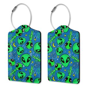 luggage tags for suitcase, 2 pack green aliens luggage tag with privacy flap leather travel cruise, name id label and metal loop for women men girls suitcase baggage bag backpack