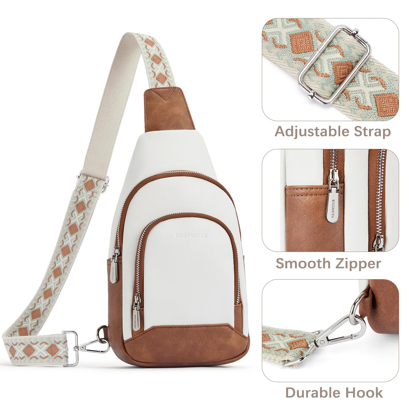 BOSTANTEN Sling Bag for Women Crossbody Purse Crossbody Bag Leather Chest Bag with Adjustable Guitar Strap for Travel, Beige