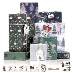 larcenciel christmas wrapping paper, 8 sheets pine snowflakes gift wrapping paper w/gift tag ribbons stickers, xmas thick kraft gift wraps set for christmas new year holiday birthday party,27.6x19.7in