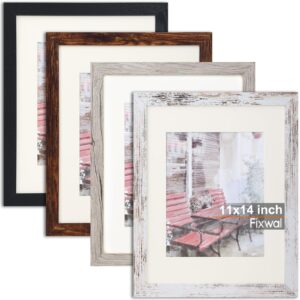 fixwal 11x14 picture frame 4 pack distressed vintage farmhouse wood pattern set, display pictures 8x10 with mat or 11x14 without mat for wall decor or table display