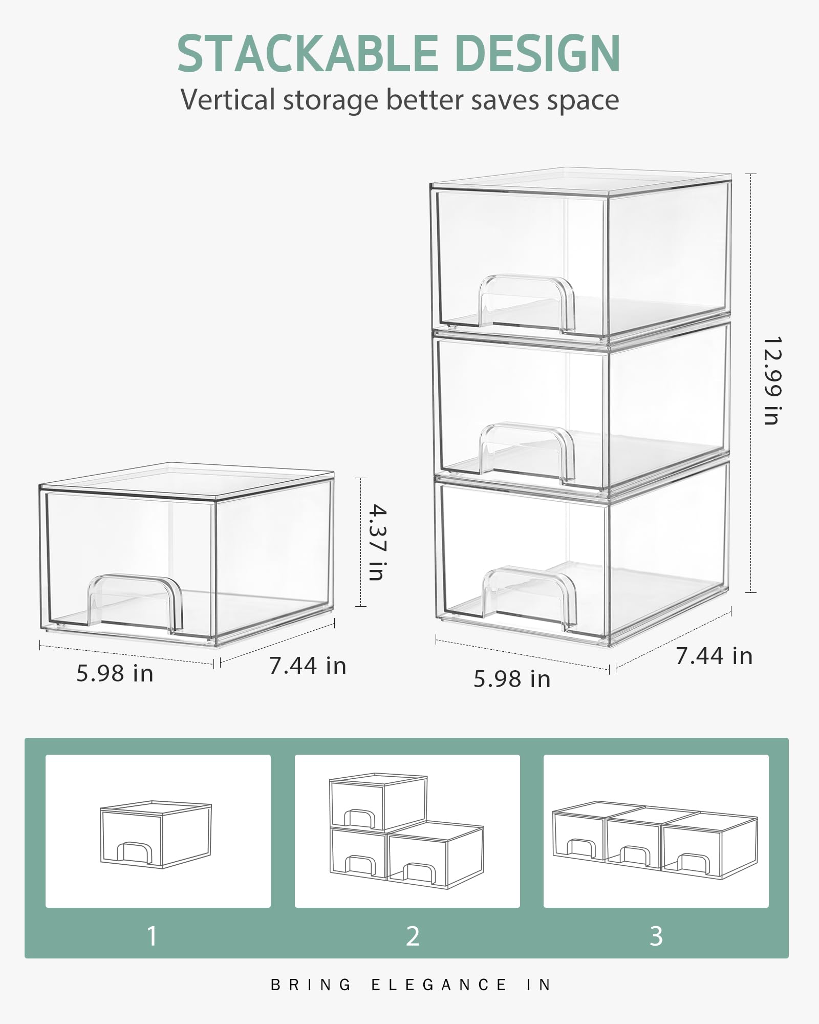 Syntus 3 Piece Set Stackable Makeup Organizers, 4.4'' Tall Acrylic Drawer Organizer, Clear Plastic Cosmetics Storage Drawers for Vanity, Undersink, Bathroom Organizer, Skincare, Kitchen Cabinets