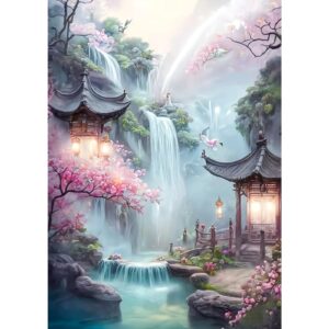 mxjsua diy 5d diamond art painting kits for adults diamond art waterfall sakura landscape diamond art painting full drill crystal rhinestone embroidery craft kits for home wall decor gifts, 12x16inch