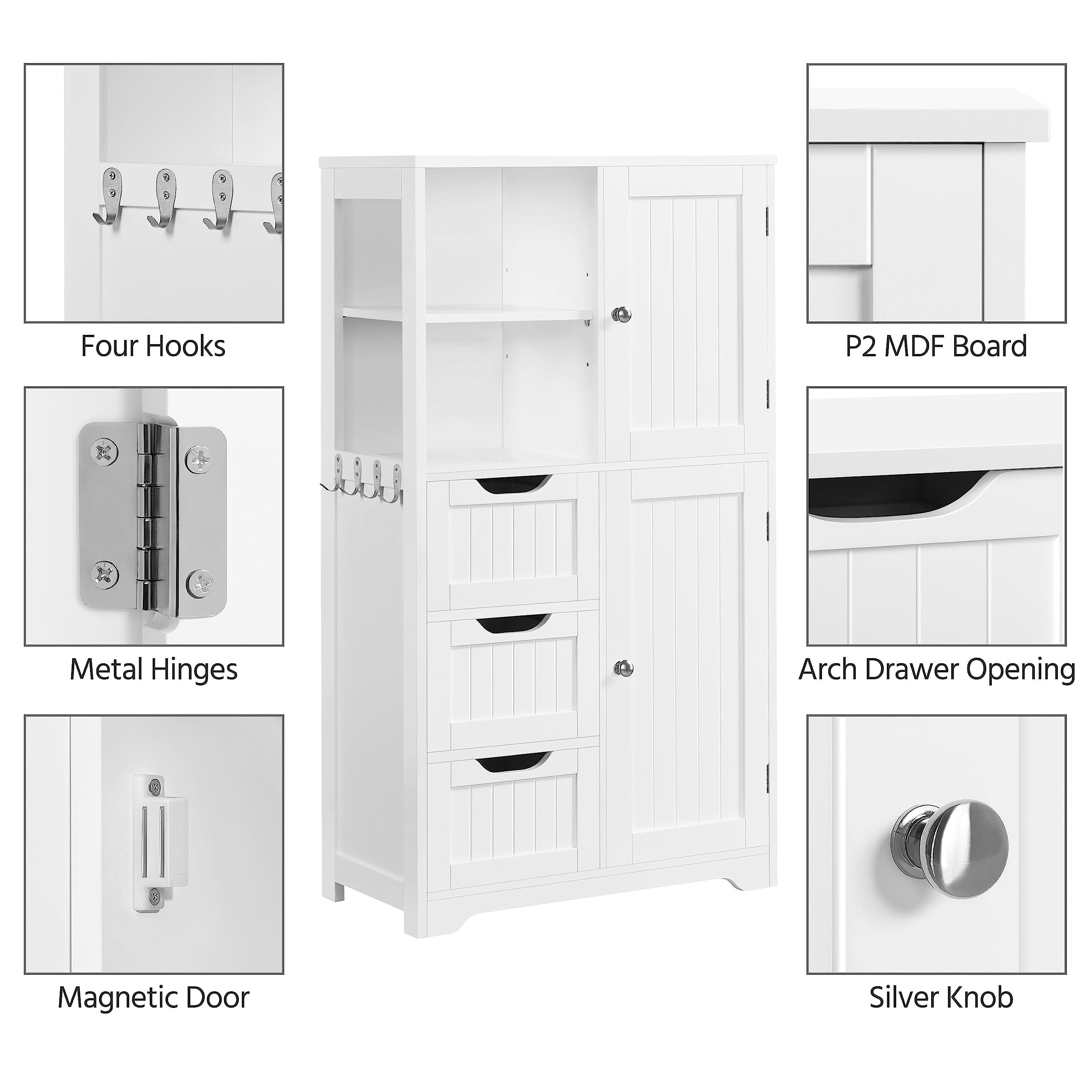 Yaheetech Bathroom Floor Cabinet 42″, Freestanding Storage Cabinet with 3 Drawers, 2 Open Shelves and 2 Doors, Wooden Storage Organizer with Adjustable Shelves for Bathroom, Living Room, Kitchen