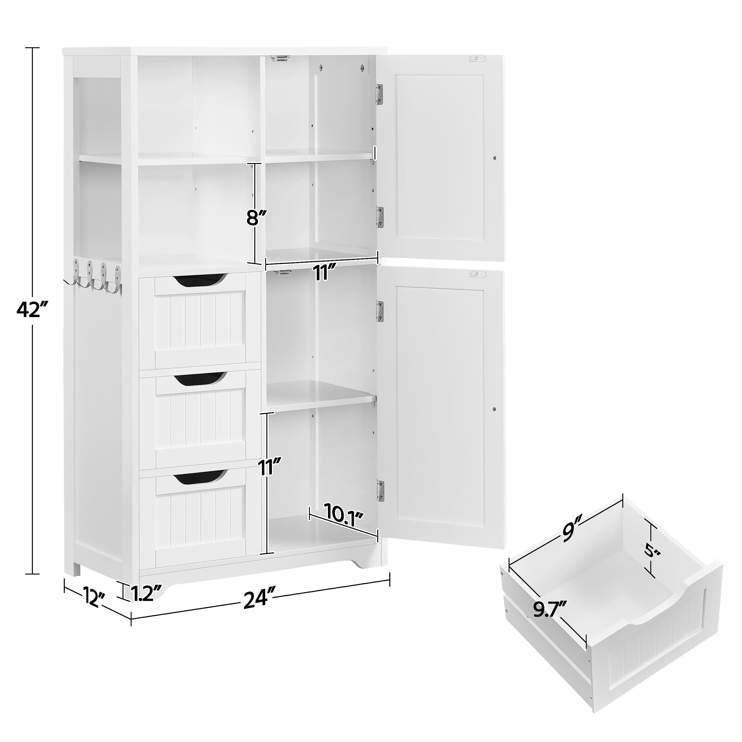 Yaheetech Bathroom Floor Cabinet 42″, Freestanding Storage Cabinet with 3 Drawers, 2 Open Shelves and 2 Doors, Wooden Storage Organizer with Adjustable Shelves for Bathroom, Living Room, Kitchen