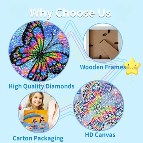 Nzhidey Butterfly Diamond Art Kits for Kids-Butterflies Diamond Art Painting Kits for Kids with Frame,Butterfly Diamond Art for Kids with Beautiful Package for Gift (6x6 inch)