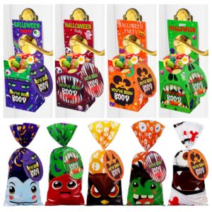 pinwatt halloween treat bags - 20pcs halloween candy boxes with 30pcs cellophane goodie bags and 40pcs tags - trick or treat bags for kids party favors