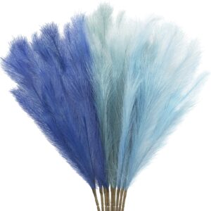 9pcs 3ft colorful faux pampas grass for boho decor, kalyloc non-shedding fluffy artificial bulrush, tall reed fluffy stems vase filler living room wedding decoration (dark blue)