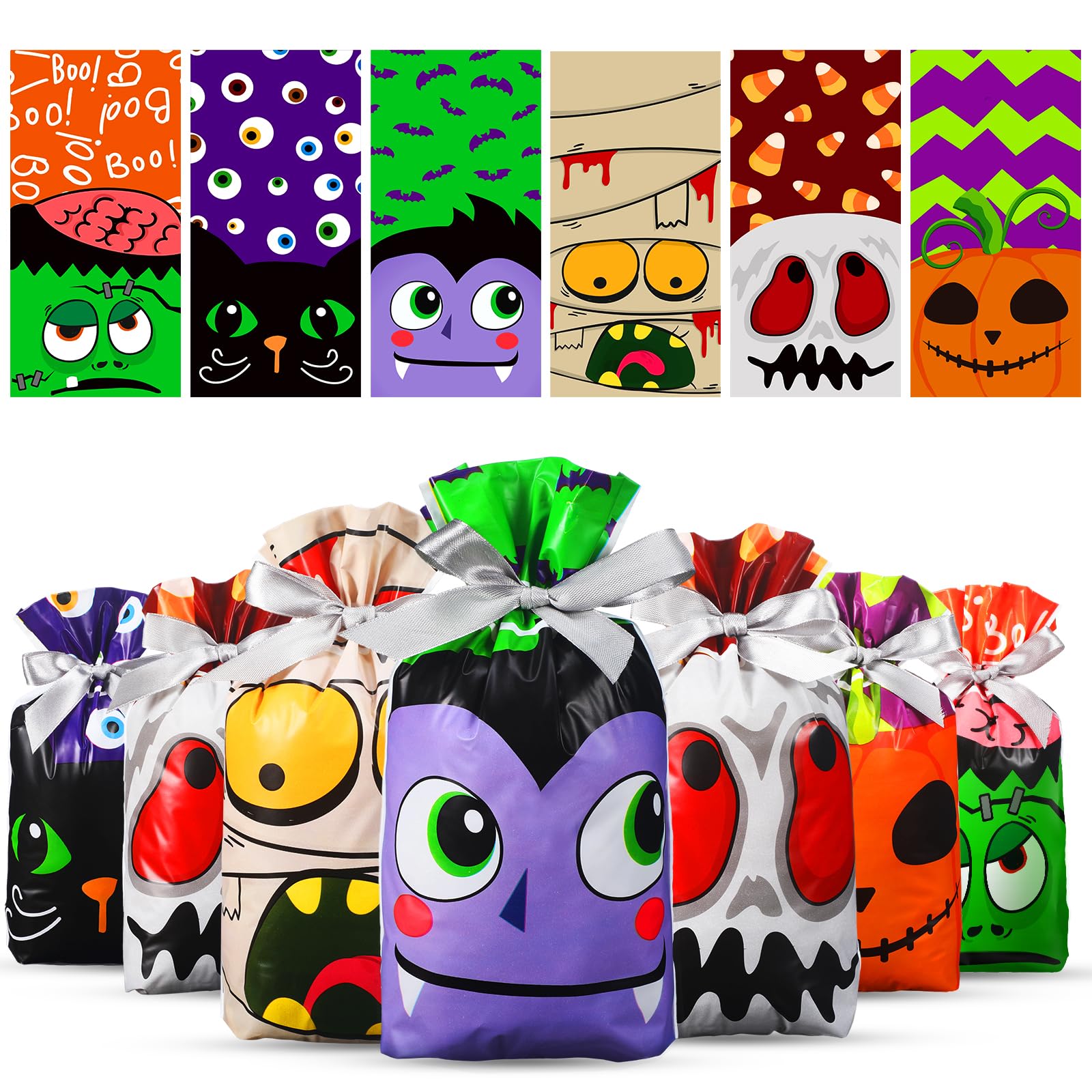 Funrous 48 Pcs Halloween Drawstring Treat Bags Bulk Halloween Plastic Candy Goodie Bags Trick or Treat Party Gift Bags for Kids Birthday Halloween Theme Party Favors Supplies