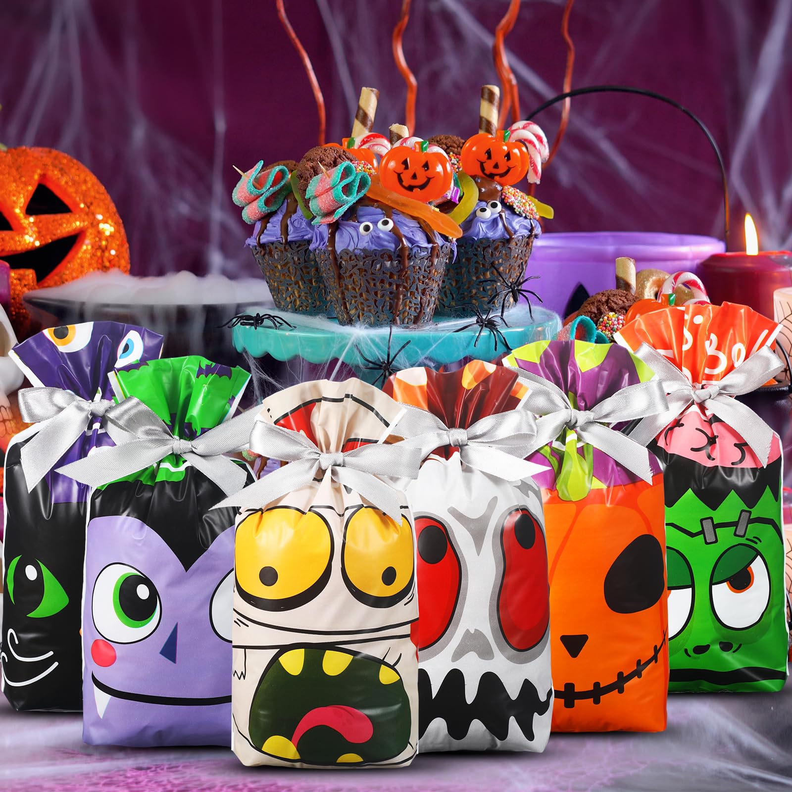 Funrous 48 Pcs Halloween Drawstring Treat Bags Bulk Halloween Plastic Candy Goodie Bags Trick or Treat Party Gift Bags for Kids Birthday Halloween Theme Party Favors Supplies