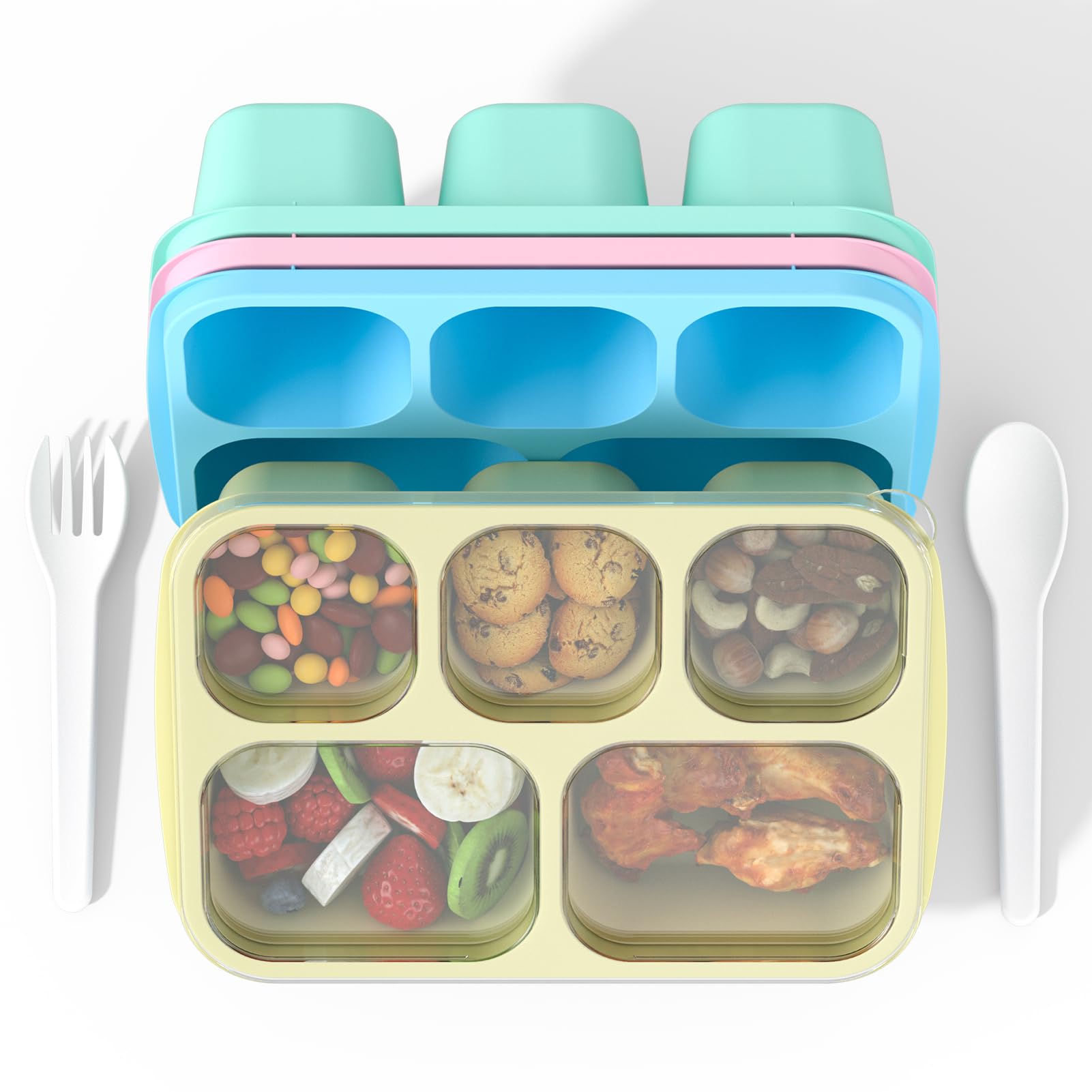 Bento Box Adult Lunch Box - 4 Pack, 5 - Compartment Meal Prep Container for Kids, Reusable Food Storage Snack Containers - Stackable for School, Work, and Travel (PP(Blue/Pink/Green/Yellow))