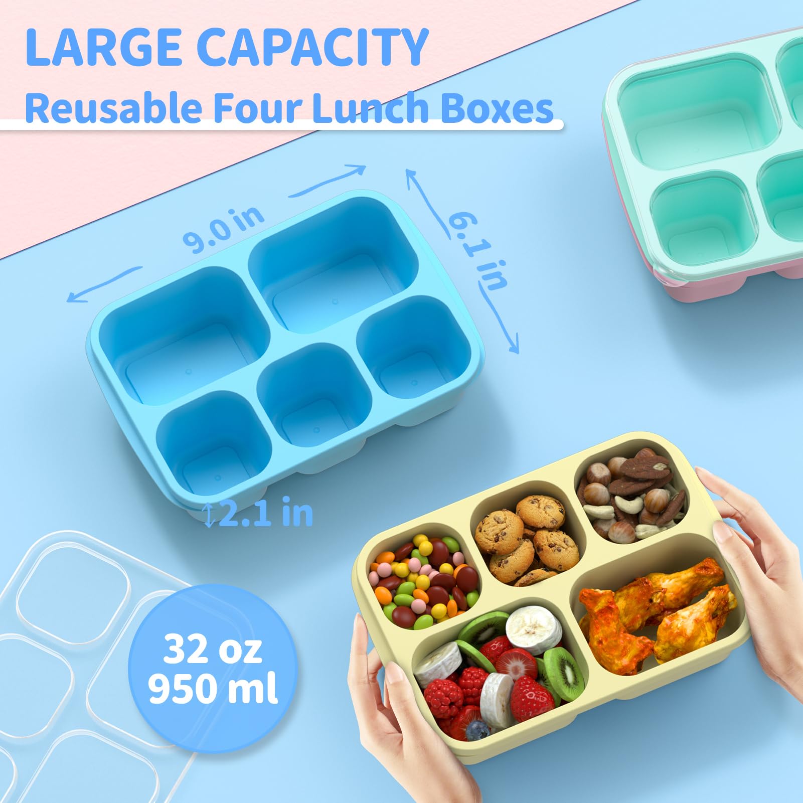 Bento Box Adult Lunch Box - 4 Pack, 5 - Compartment Meal Prep Container for Kids, Reusable Food Storage Snack Containers - Stackable for School, Work, and Travel (PP(Blue/Pink/Green/Yellow))