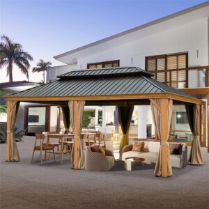 evedy 12'x20' hardtop gazebo outdoor aluminum wood grain gazebos with galvanized steel double canopy for patios deck backyard,curtains&netting