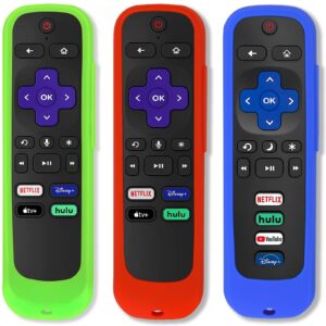 pinowu [3 pack] remote case/battery cover for tcl roku smart tv steaming stick remote, silicone protective case universal sleeve skin (glow in the dark) with wrist strap (green glow & blue & red)