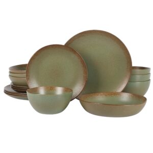 bloomhouse - oprah's favorite things - palermo sun double bowl stoneware reactive glaze plates and bowls dinnerware set - cardamom green, service for four (16pcs)