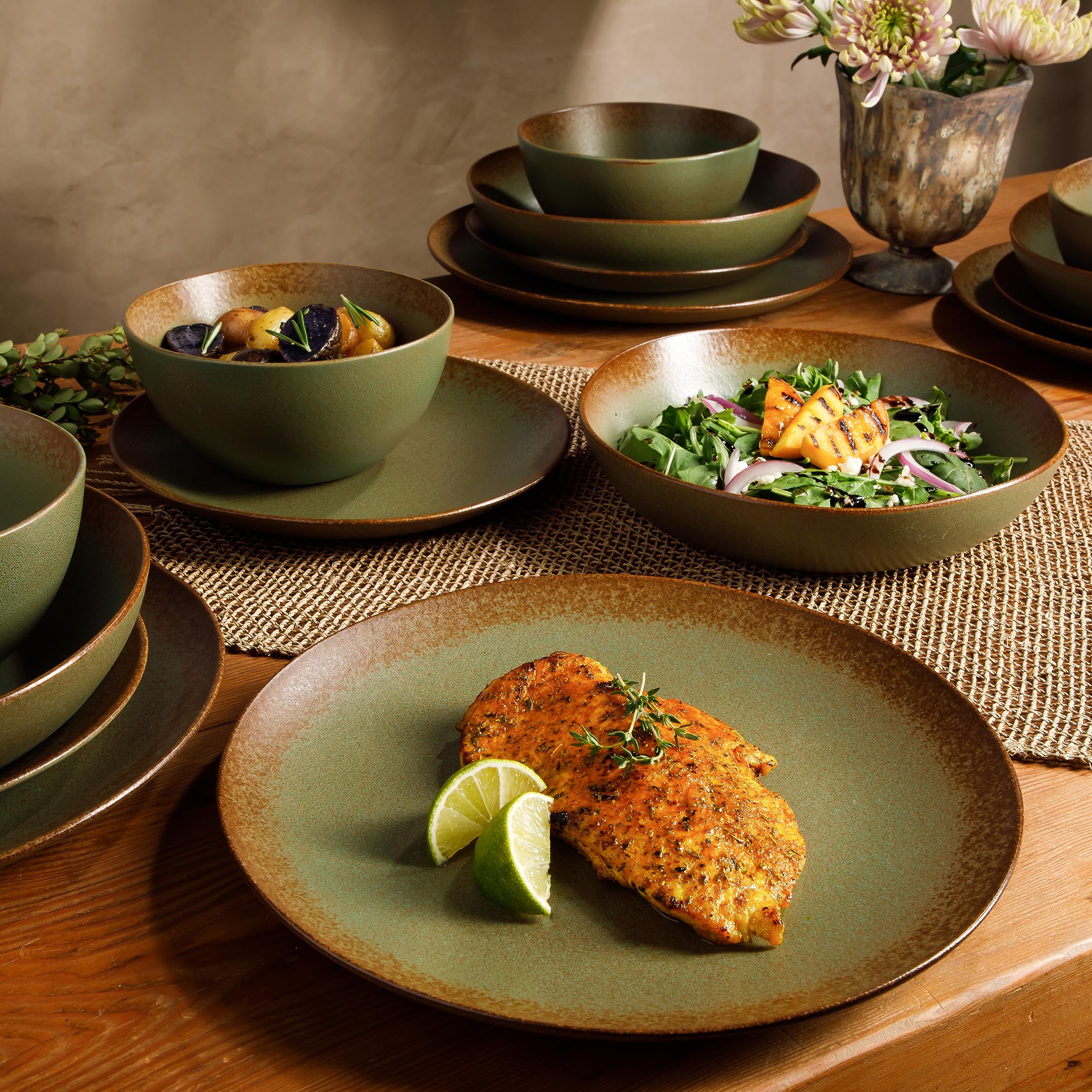 Bloomhouse - Oprah's Favorite Things - Palermo Sun Double Bowl Stoneware Reactive Glaze Plates and Bowls Dinnerware Set - Cardamom Green, Service for Four (16pcs)