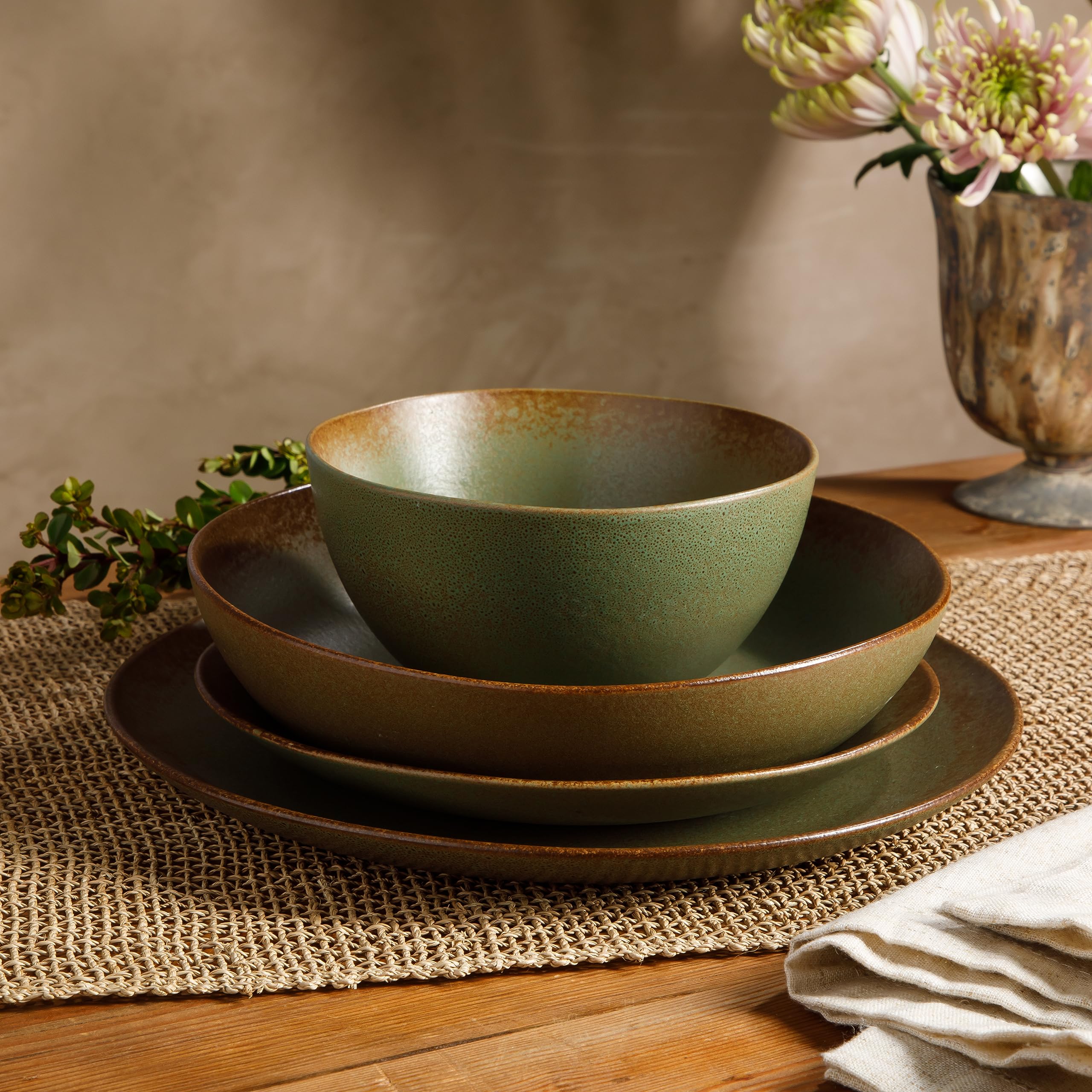 Bloomhouse - Oprah's Favorite Things - Palermo Sun Double Bowl Stoneware Reactive Glaze Plates and Bowls Dinnerware Set - Cardamom Green, Service for Four (16pcs)