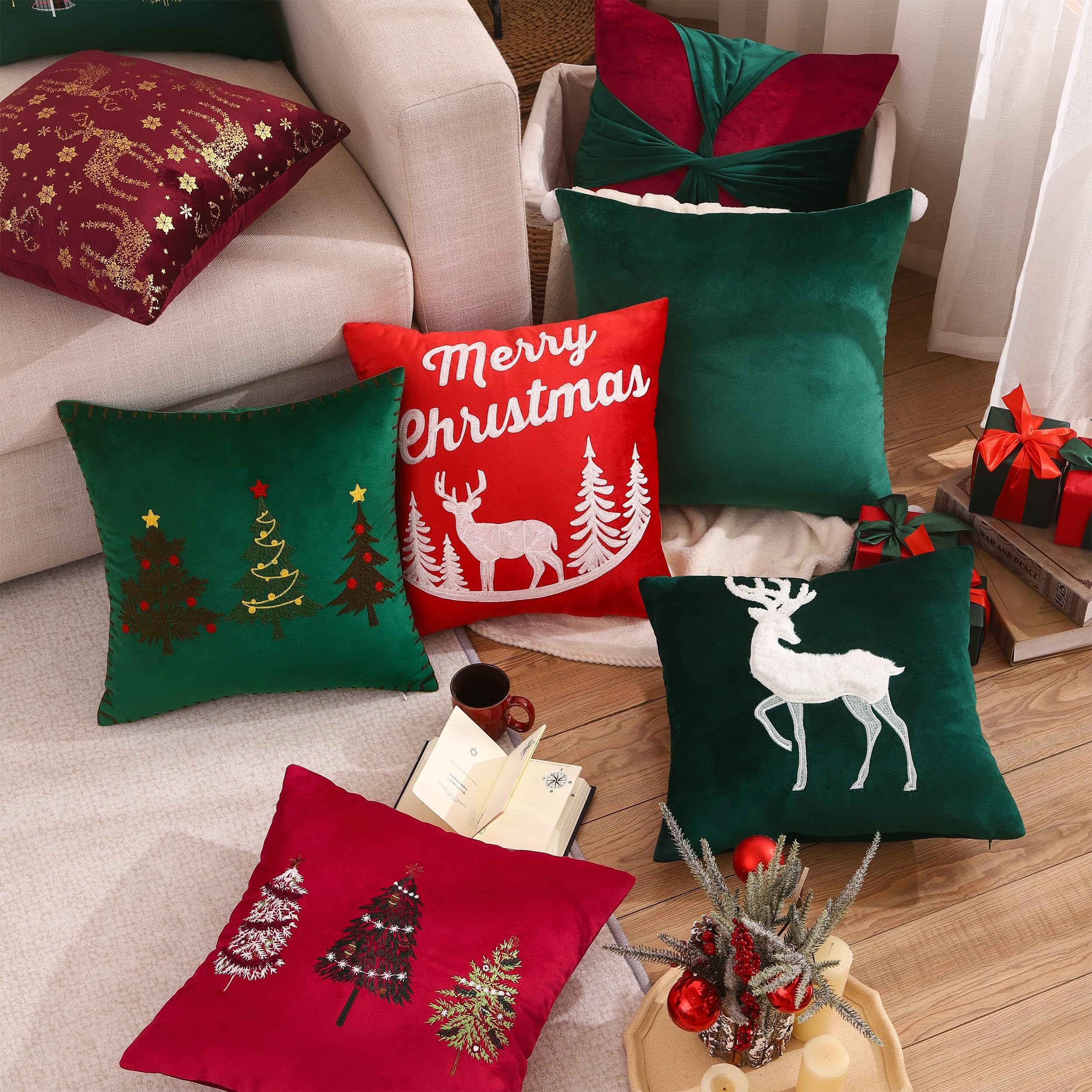 Tosleo Christmas Pillowcases 18 x 18 inch Set of 2 Dark Green Christmas Deer Throw Pillow Cover Christmas Pillow case Christmas Party Decorations Winter Holiday Cushion Case