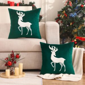 Tosleo Christmas Pillowcases 18 x 18 inch Set of 2 Dark Green Christmas Deer Throw Pillow Cover Christmas Pillow case Christmas Party Decorations Winter Holiday Cushion Case