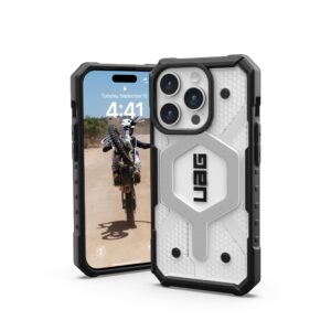 urban armor gear uag case [updated ver] compatible with iphone 15 pro case 6.1" pathfinder clear ice/silver built-in magnet compatible with magsafe charging rugged transparent protective cover