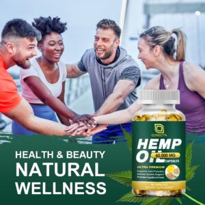 Hemp Oil Capsules - 100% Organic Hemp Oil, 60,000 Max Strength, Supports Immune, Skin, Calm, Sleep & Overall Health - 180 Veggie Softgels