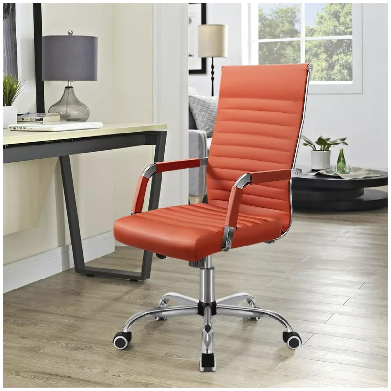 Modern Office Chair Mid-Back PU Leather Executive Conference White Office Desk Chair Adjustable Swivel Chair Desk with Arms White Desk Chair with Wheels Silla de Escritorio (Orange)