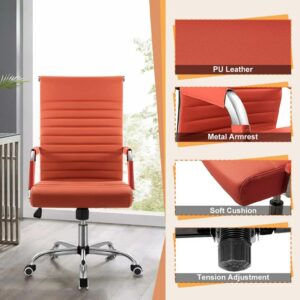 Modern Office Chair Mid-Back PU Leather Executive Conference White Office Desk Chair Adjustable Swivel Chair Desk with Arms White Desk Chair with Wheels Silla de Escritorio (Orange)