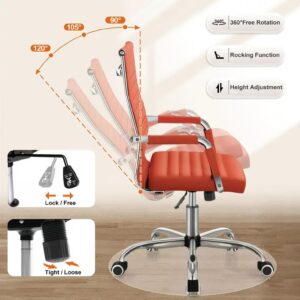 Modern Office Chair Mid-Back PU Leather Executive Conference White Office Desk Chair Adjustable Swivel Chair Desk with Arms White Desk Chair with Wheels Silla de Escritorio (Orange)