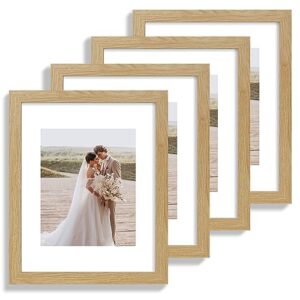 hongkee 11x14 picture frame set of 4, made of natural oak wooden frame, display 8x10 pictures with mat or 11 x 14 posters without mat for wall mounting, gallery photo frames