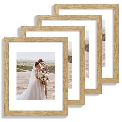 Hongkee 11x14 Picture Frame Set of 4, Made of Natural Oak Wooden Frame, Display 8x10 Pictures with Mat or 11 x 14 Posters without Mat for Wall Mounting, Gallery Photo Frames