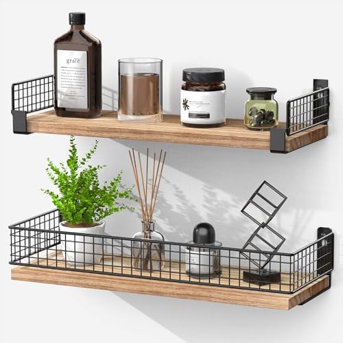 Tatub Floating Shelves with Metal Mesh Edge, Durable Bathroom Shelves for Wall Storage, Wood Wall Mounted Shelves for Living Room, Bedroom, Kitchen and Home Office, Set of 2 (Carbonized Black)