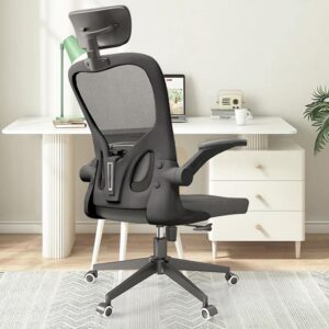 monhey black office chair, ergonomic office chair, home office desk chair for big and tall people, computer chair with adjustable headrest, lumbar support, flip-up arms, pu wheels