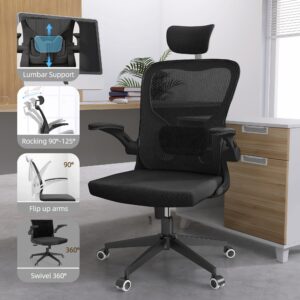 Monhey Black Office Chair, Ergonomic Office Chair, Home Office Desk Chair for Big and Tall People, Computer Chair with Adjustable Headrest, Lumbar Support, Flip-Up Arms, PU Wheels