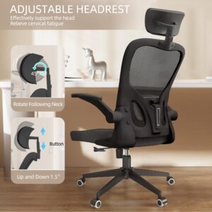 Monhey Black Office Chair, Ergonomic Office Chair, Home Office Desk Chair for Big and Tall People, Computer Chair with Adjustable Headrest, Lumbar Support, Flip-Up Arms, PU Wheels