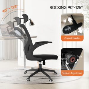 Monhey Black Office Chair, Ergonomic Office Chair, Home Office Desk Chair for Big and Tall People, Computer Chair with Adjustable Headrest, Lumbar Support, Flip-Up Arms, PU Wheels