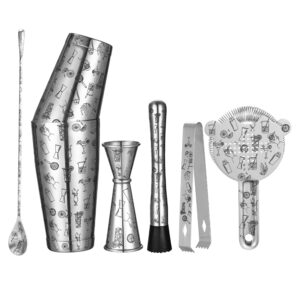 cocktail geek etched bartender kit cocktail shaker set-7 pieces stainless steel etching bar tools with boston shaker,bar spoon,cocktail muddler,double jigger,cocktail strainer,ice tongs