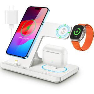 tplisak charging station, 3 in 1 fast charging stand dock for apple: iphone 14 13 12 11 pro x max xs xr 8 7 plus 6, apple watch, airpods, 18w adapter, usb type c, white, charging adapter