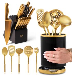 black and gold knife set with block self sharpening, black utensil holder with built-in ceramic spoon rest and gold cooking utensils set-21 piece luxe black and gold kitchen accessories