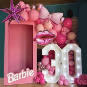 pink balloon garland arch kit, hot pink rose gold metallic balloon, bow starburst lip foil balloon, hot pink balloons for girls birthday princess theme bridal shower baby shower party decorations