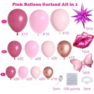 Pink Balloon Garland Arch Kit, Hot Pink Rose Gold Metallic Balloon, Bow Starburst Lip Foil Balloon, Hot Pink Balloons for Girls Birthday Princess Theme Bridal Shower Baby Shower Party Decorations