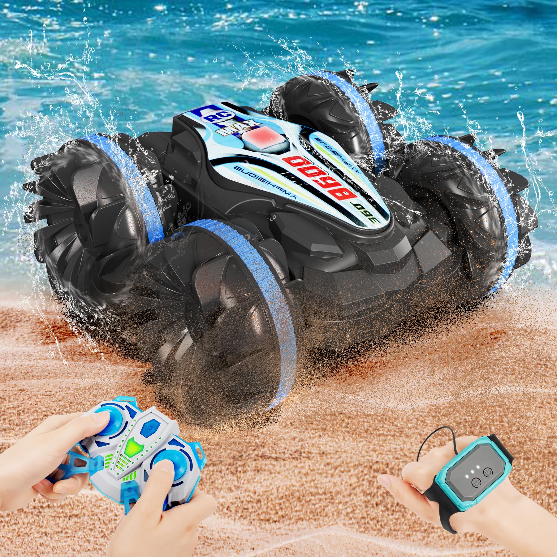 Xynzzeu Amphibious Remote Control Car, 4WD All Terrain Gesture RC Cars for Boys 6-12 Years Old, Waterproof Remote Control Boat for Pool, 360°Rotate Remote Car, Super Power RC Stunt Car Gifts for Boys