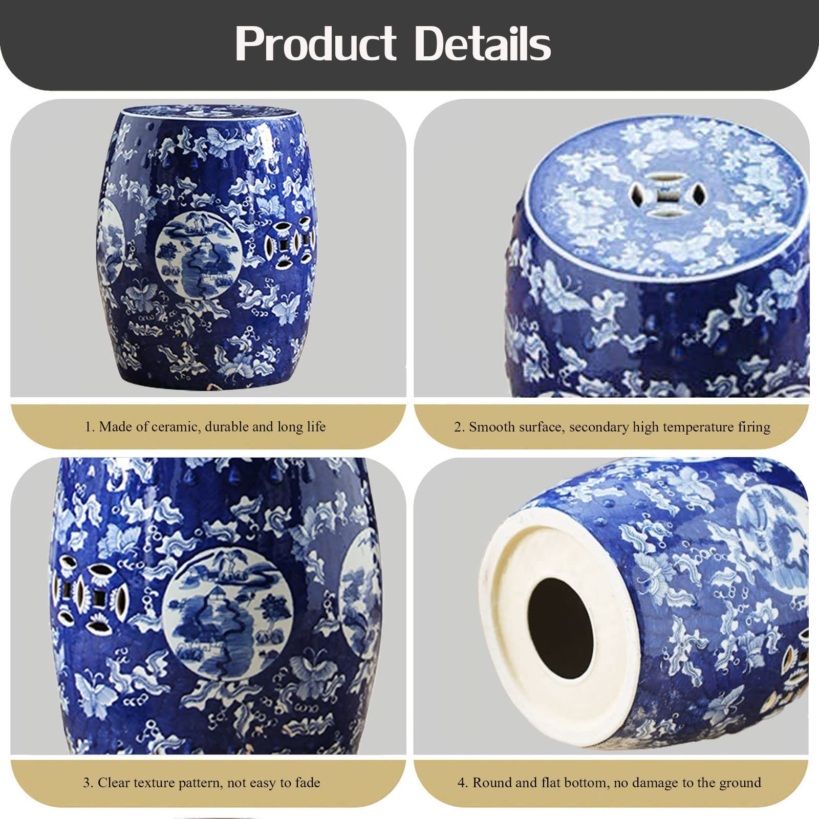 JIADIAONI Decorative Ceramic Garden Stool, Hand Painted Blue and White Porcelain Ceramic Drum Stool, Suitable for Living Room, Terrace, Garden, Etc.