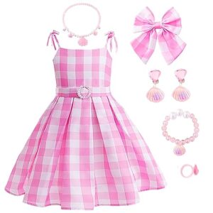 uivic pink costume for girls, doll movie cosplay outfit pink white gingham dress for kids party birthday dress up (pink1 with accessories, 7years-8years)